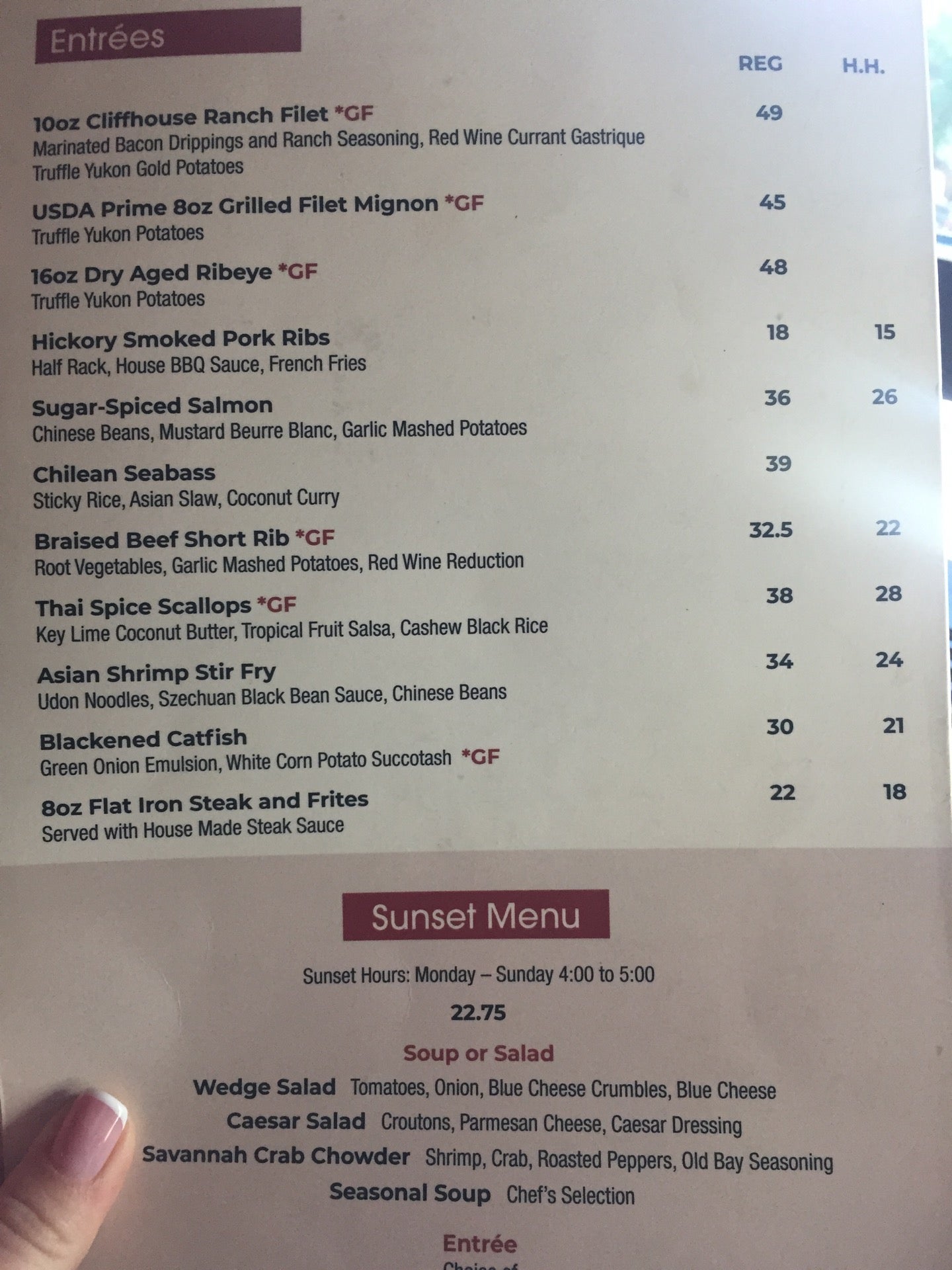 Cliff House Restaurant Menu